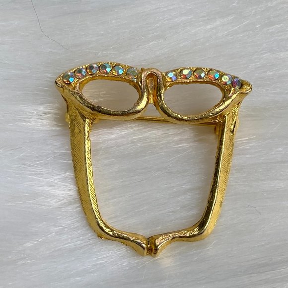 Vintage | Jewelry | Vintage Gold Tone Rhinestone Cat Eye Glasses Brooch ...